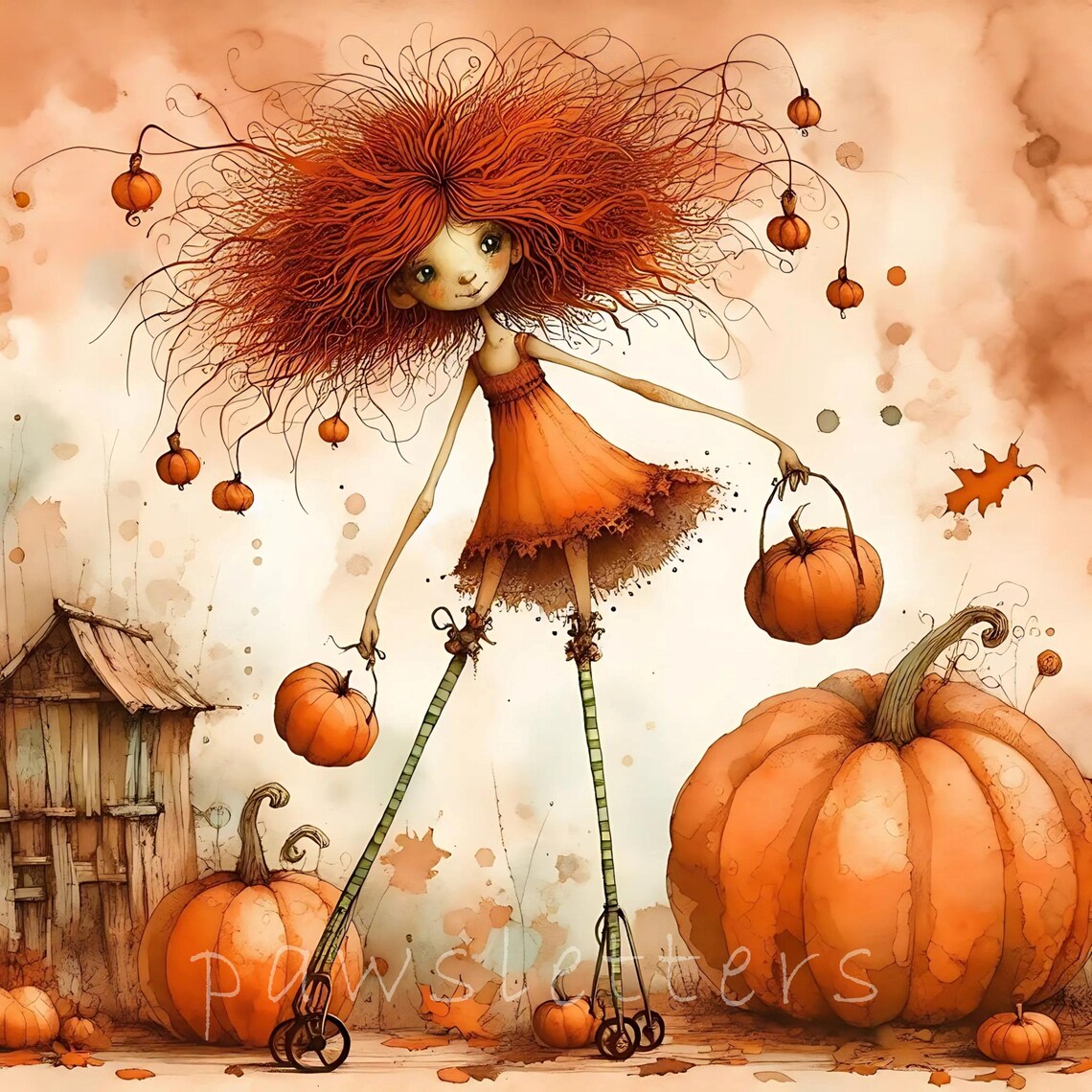 Pumpkin Harvester Clipart | 10 Whimsical Fall Girls JPG | Autumn Stilt ...