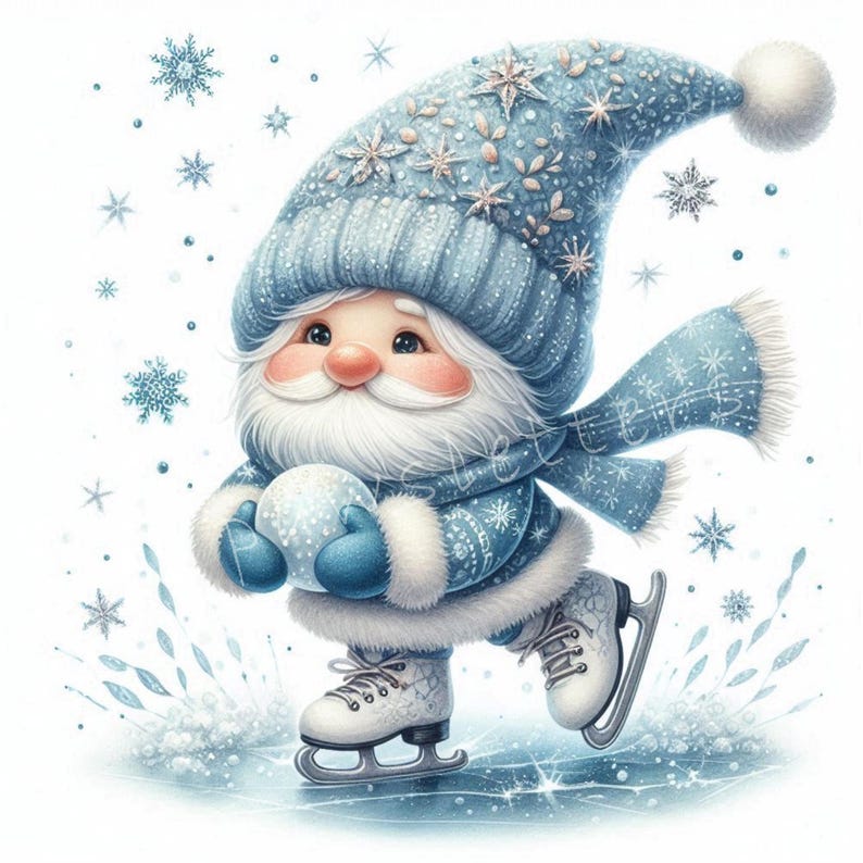 Ice Skating Gnome Clip Art 10 High Res Watercolor Jpgs for Junk Journal ...