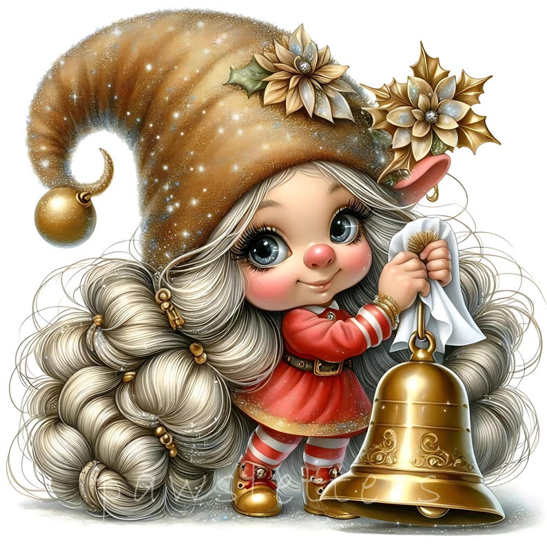 Christmas Bell Gnome Clipart, 10 High Res Watercolor Jpgs for Junk ...