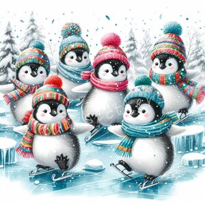 Ice Skating Penguins Clipart 10 High Res Watercolor Jpgs Holiday ...