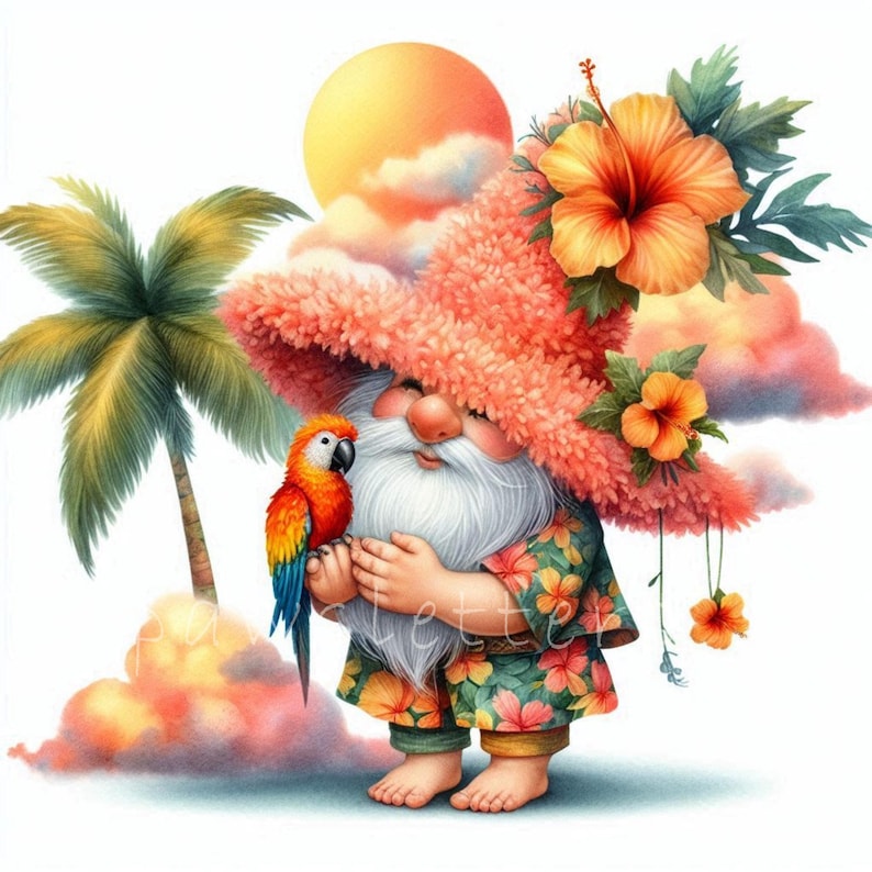 Tropical Sunset Gnome Clipart, 10 High Quality Jpgs, Watercolor Summer ...