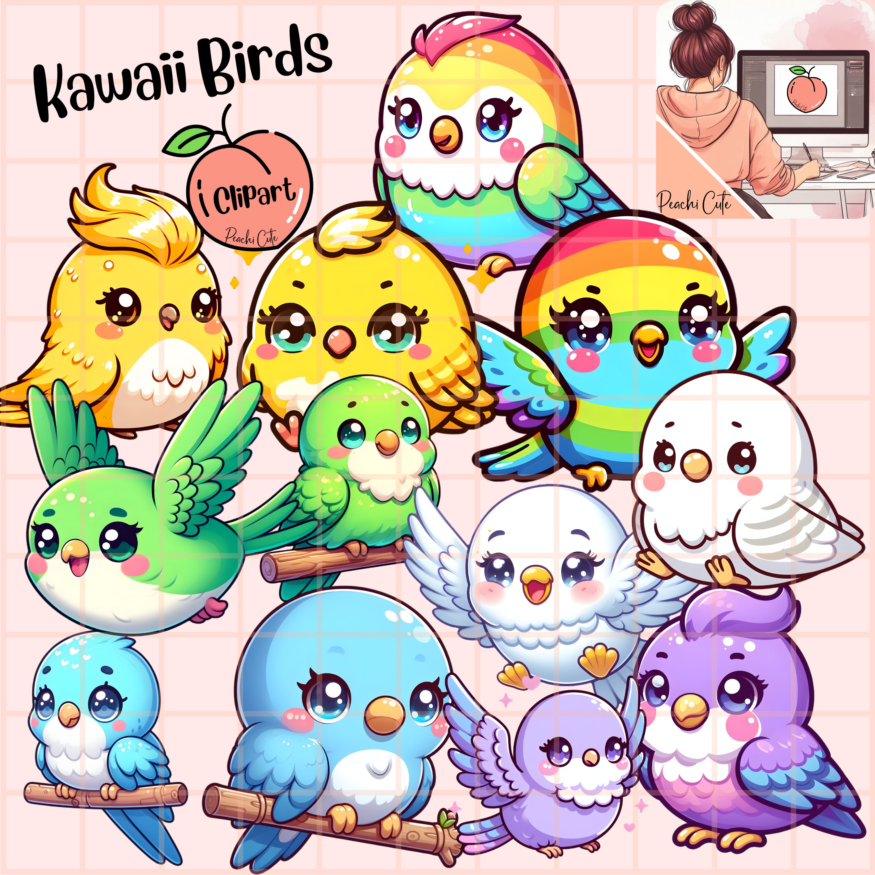Kawaii Bird Clipart Kawaii Budgies Cute Budgies Multicoloured Birds ...