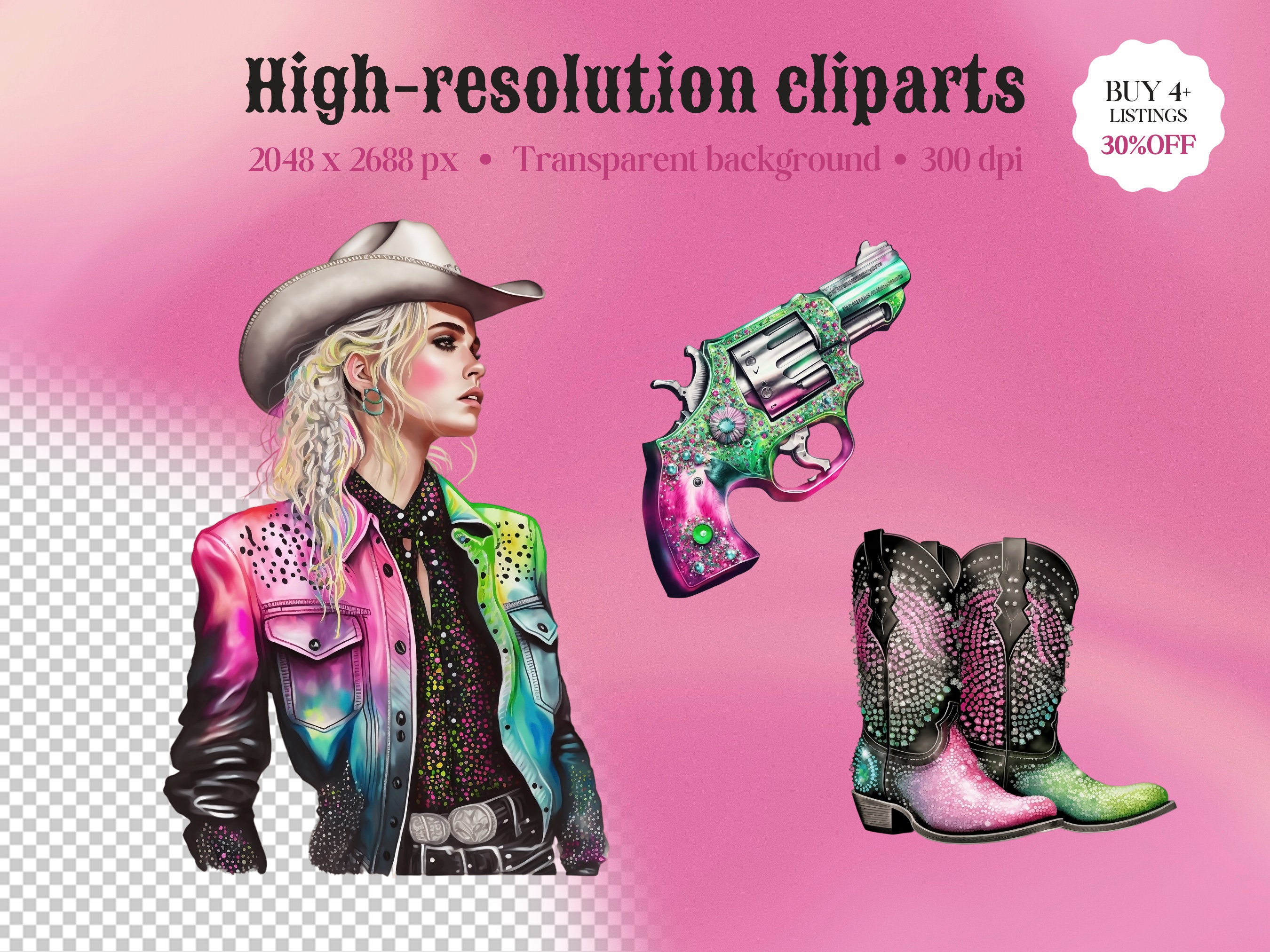 Disco Cowgirl PNG Wild Western Clipart Funky Watercolor Clip - Etsy
