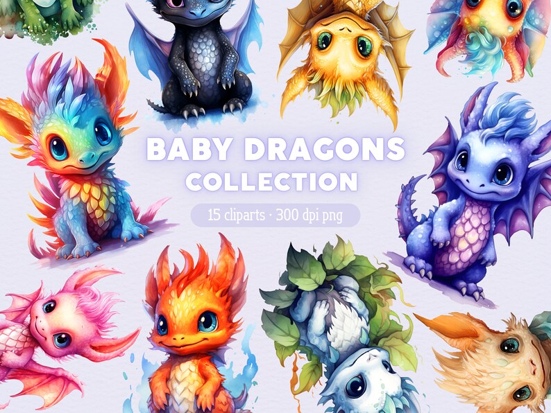Baby Dragons PNG Cute Fantasy Dragons Clipart Watercolor - Etsy