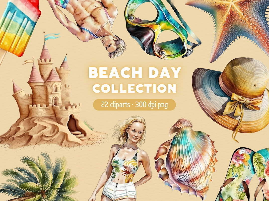 Beach Day PNG, Summer Clipart, Watercolor Vacation Clip Art, Bundle for ...