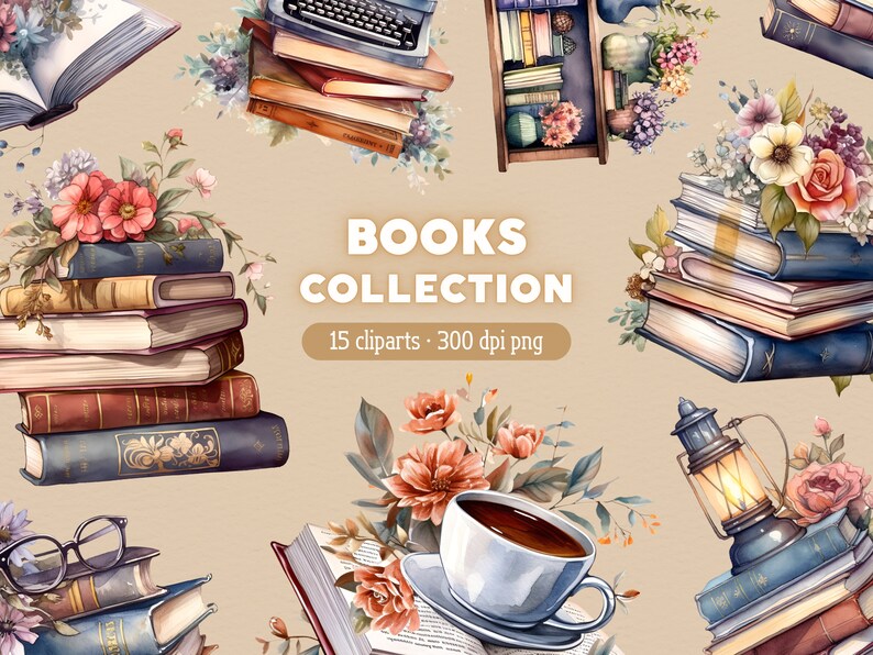 Watercolor Books PNG Bookish Clipart Books Stacks Clip Art - Etsy