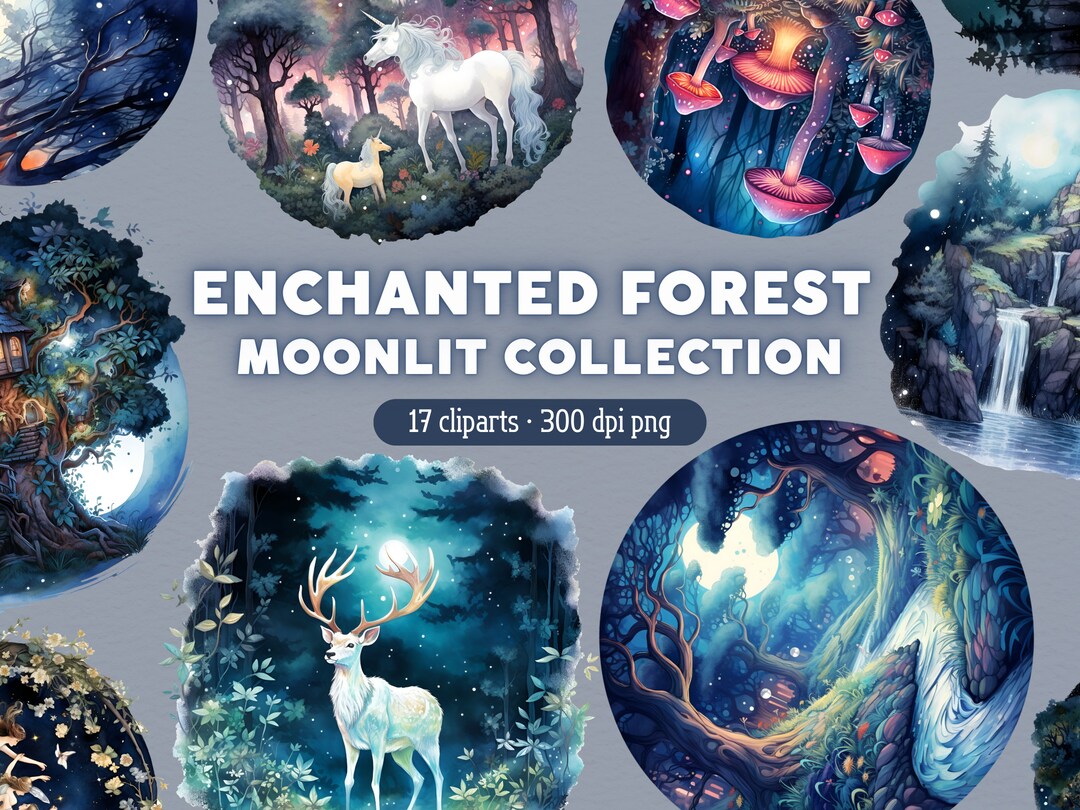 Moonlit Enchanted Forest Clipart, Fairy Forest PNG, Fantasy Watercolor ...