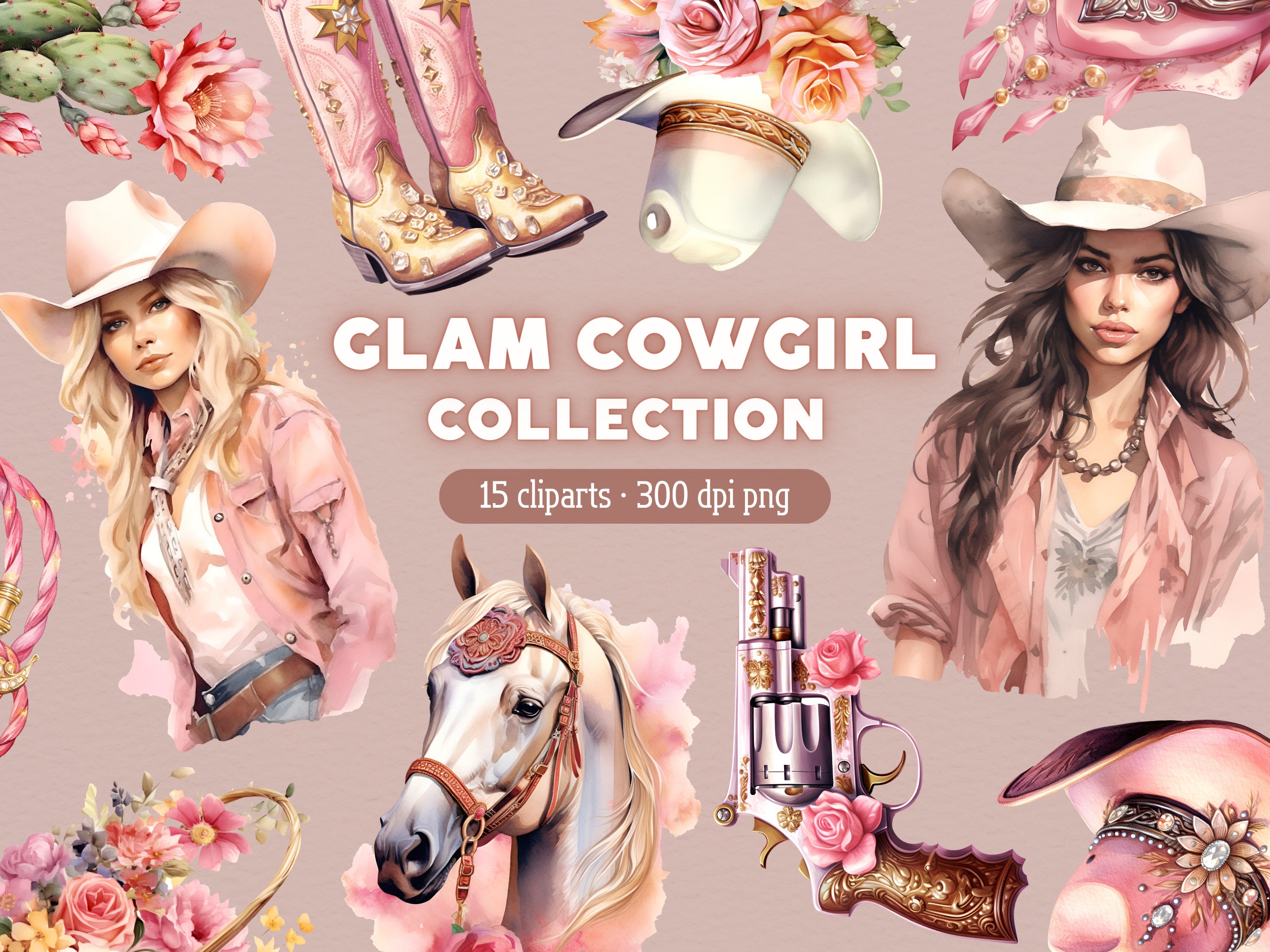 Glam Cowgirl PNG, Wild Western Clipart, Watercolor Clip Art, Bundle for ...
