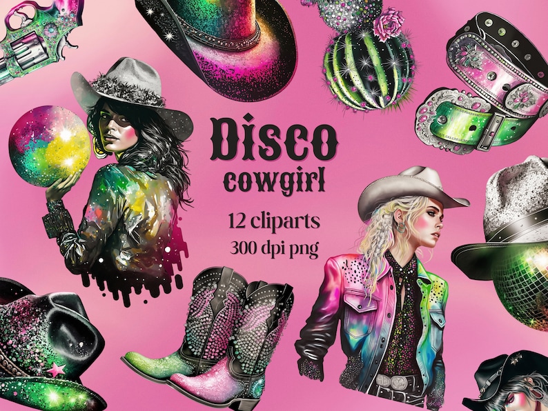 Disco Cowgirl PNG Wild Western Clipart Funky Watercolor Clip - Etsy