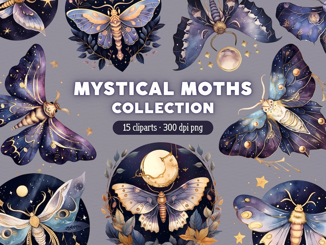 Mystical Moths Clipart, Moth PNG, Moon Celestial Clip Art, Bundle for ...