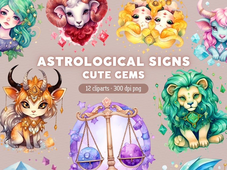 Astrological Sign Cute Gems Collection PNG Zodiac Signs - Etsy