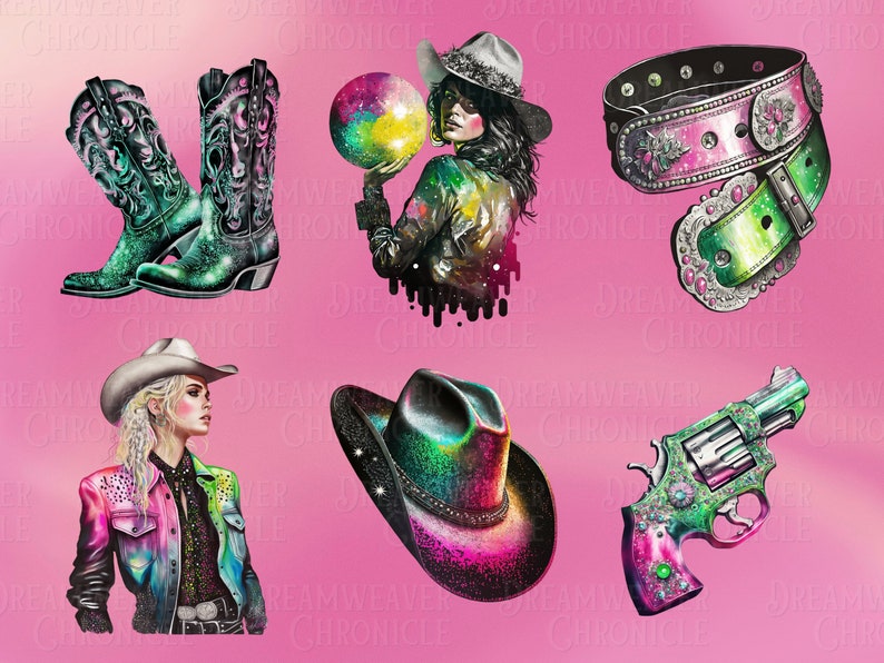 Disco Cowgirl PNG Wild Western Clipart Funky Watercolor Clip - Etsy