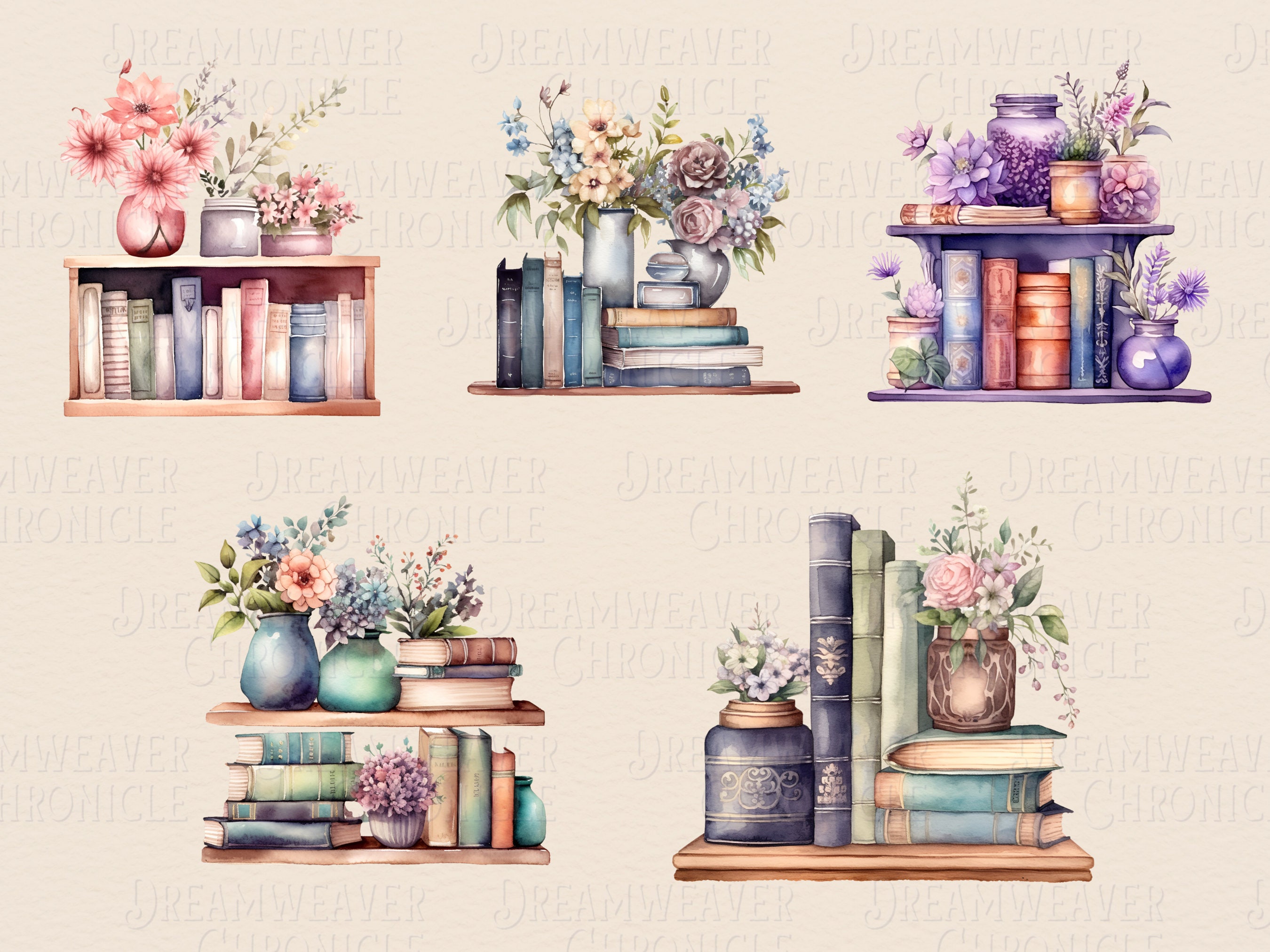 Bookshelf Clipart, Watercolor Bookcases PNG, Books Clip Art, Bundle for ...