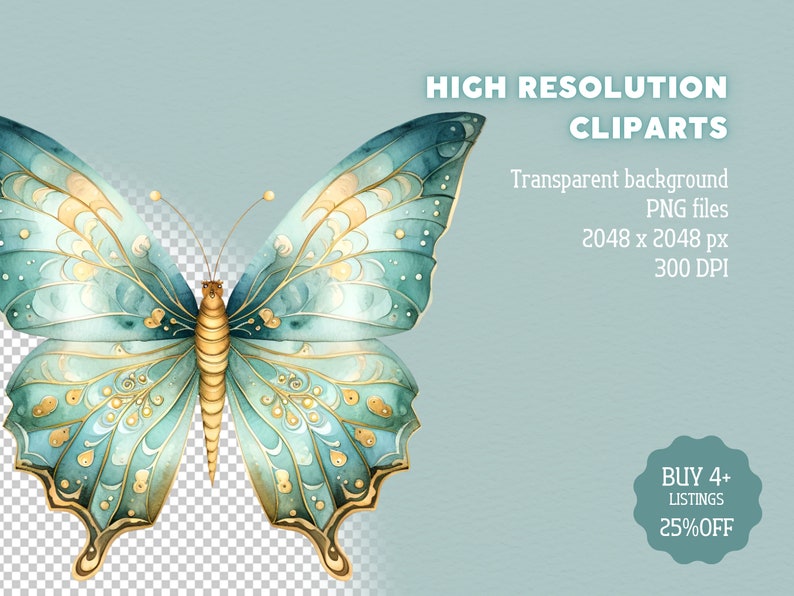 Turquoise Butterfly Clipart, Gold Butterfly PNG, Magical Clip Art ...