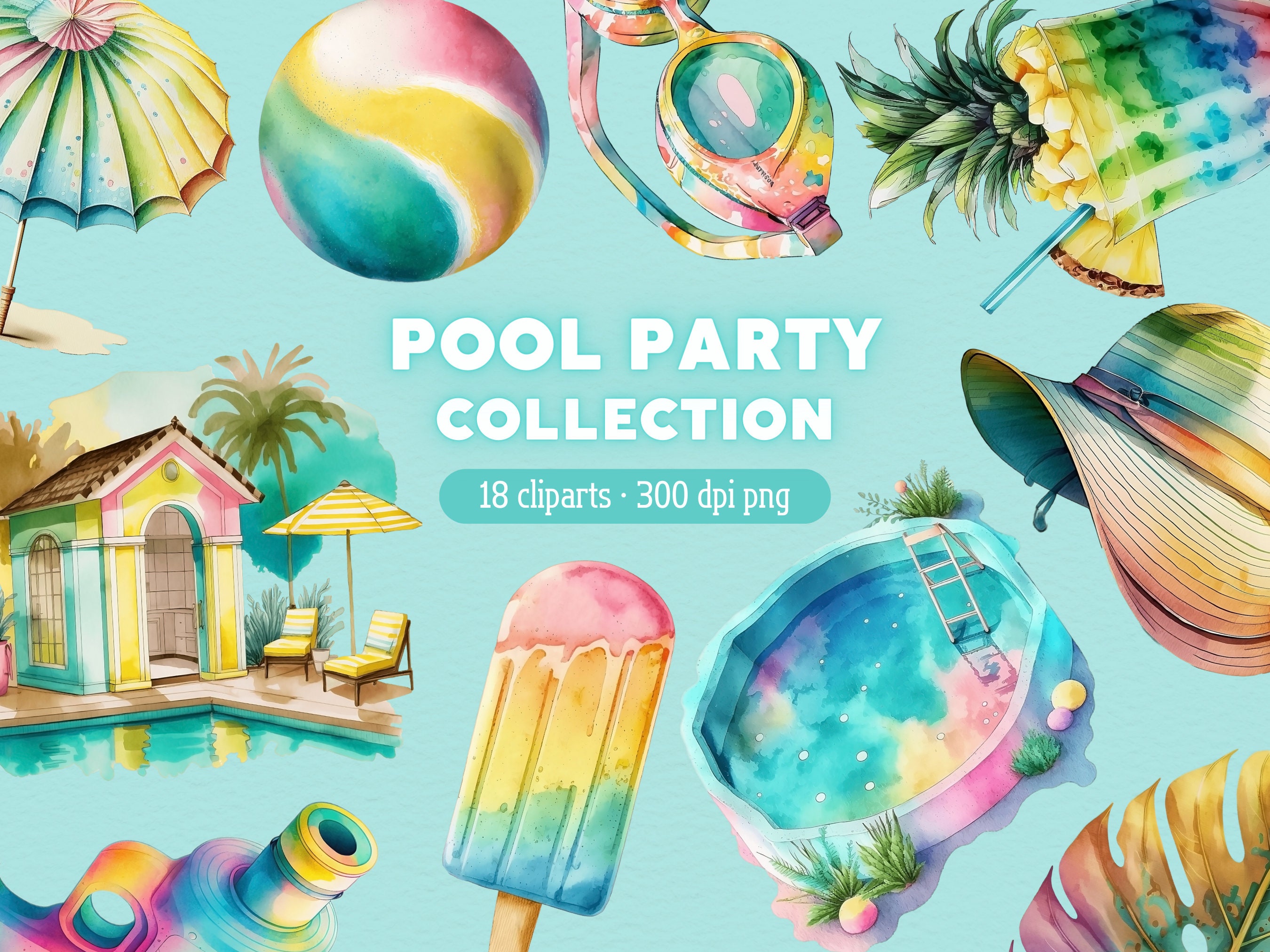 Pool Party PNG, Summer Clipart, Watercolor Vacation Clip Art, Bundle ...