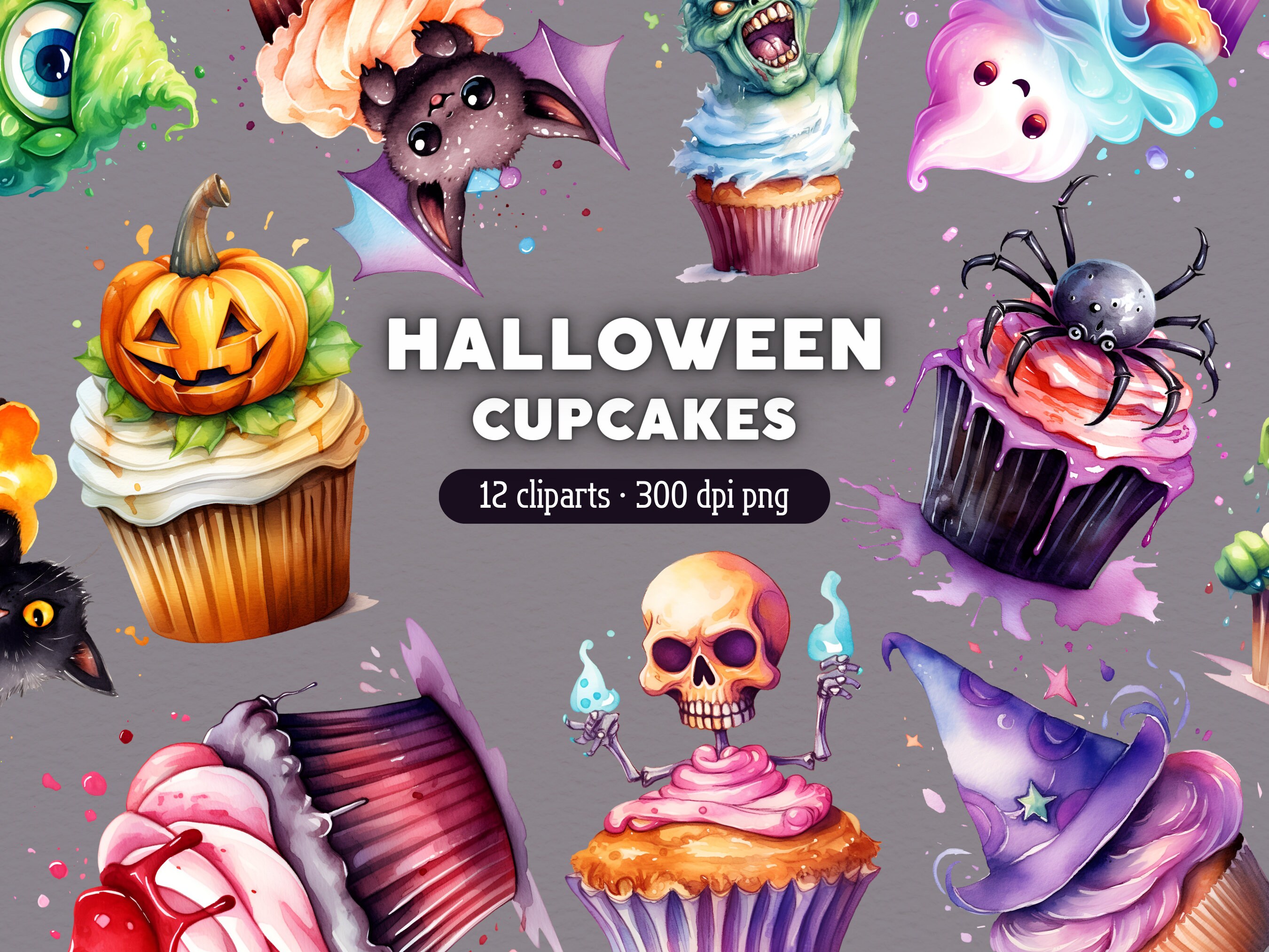 Halloween Cupcake PNG, Spooky Clipart, Scary Sweet Watercolor Clip Art ...