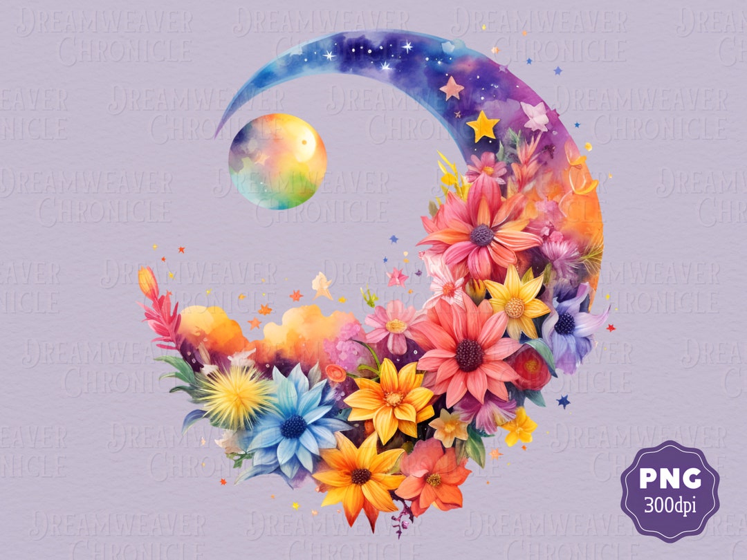 Flower Moon PNG, Floral Moon Clipart, Rainbow Crescent Moon Watercolor ...