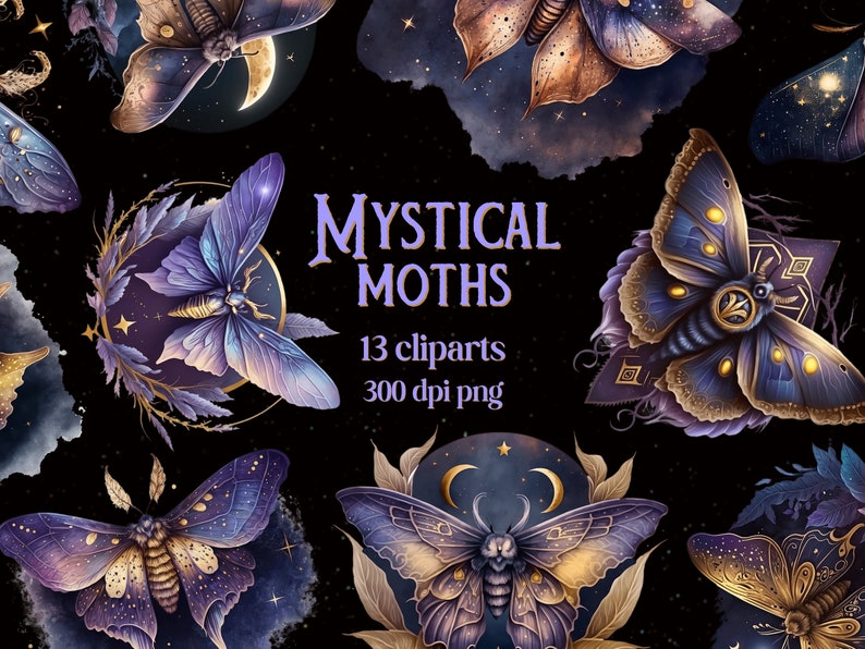 Mystical Moths Clipart Moth PNG Moon Celestial Clip Art - Etsy