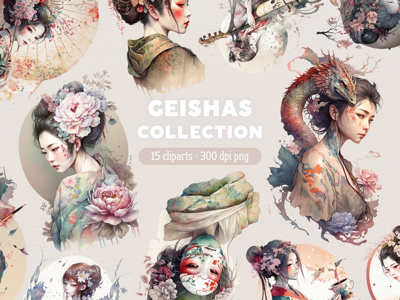 Geisha PNG Japanese Clipart Asian Clip Art Bundle for - Etsy