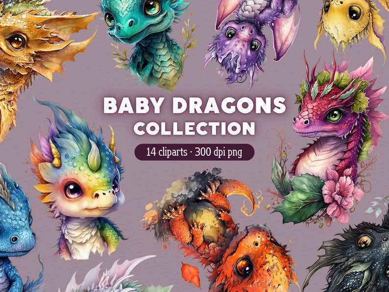 Baby Dragons PNG Cute Fantasy Dragons Clipart Watercolor - Etsy