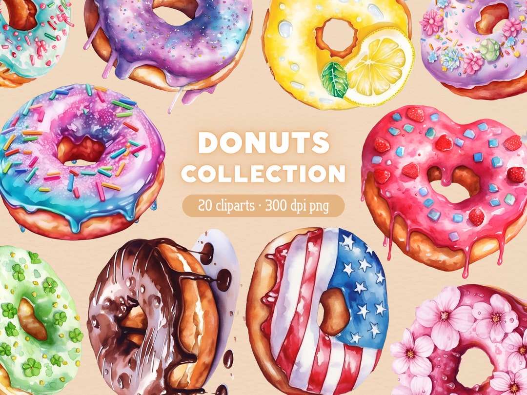 Watercolor Donuts PNG, Donut Clipart, Sweet Bakery Clip Art, Bundle for ...