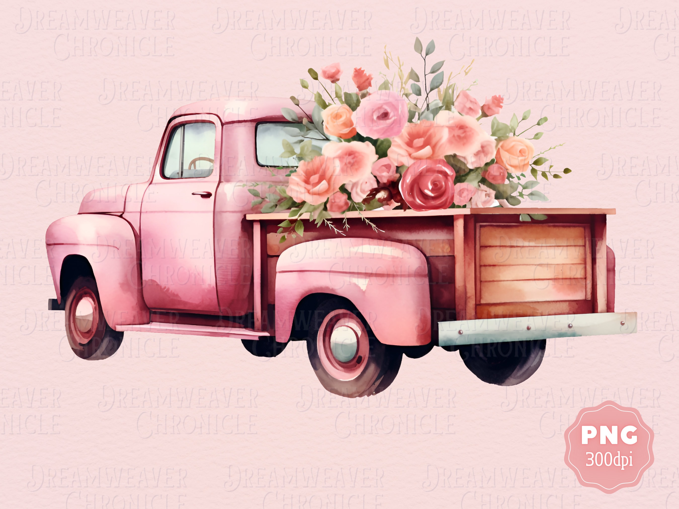Vintage Flower Truck PNG, Retro Pink Truck Clipart, Spring Watercolor ...