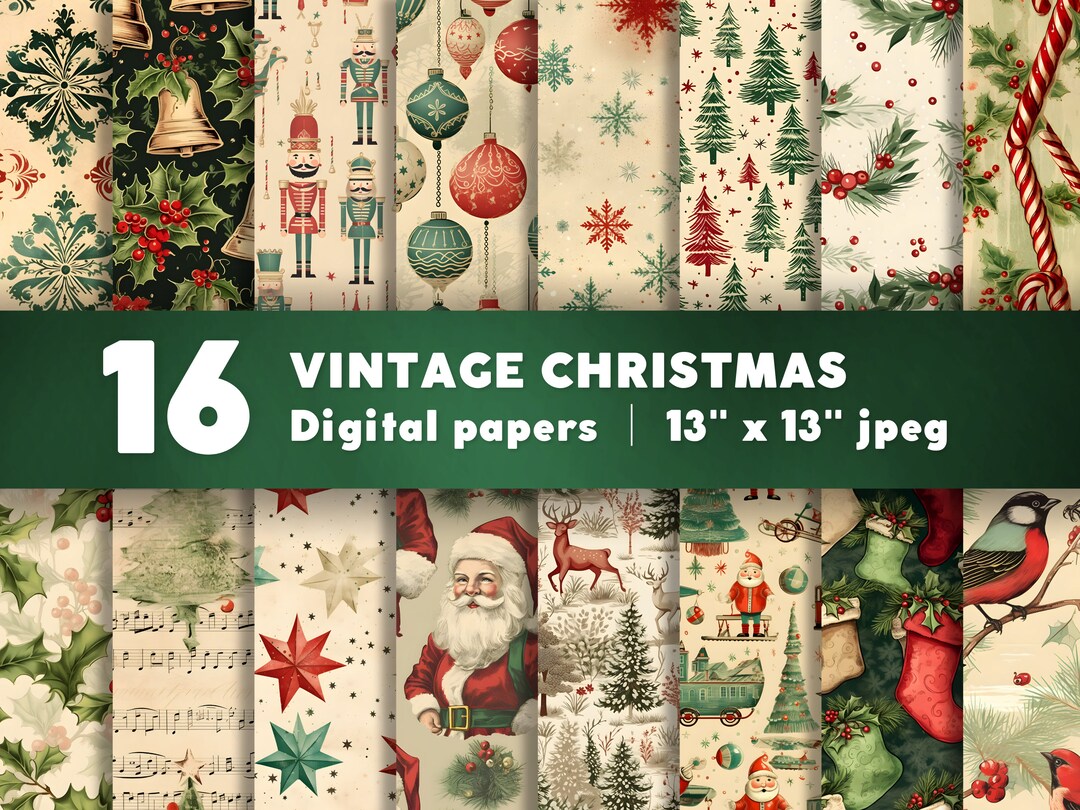 Vintage Christmas Digital Paper Pack, Vintage Winter Seamless Pattern ...