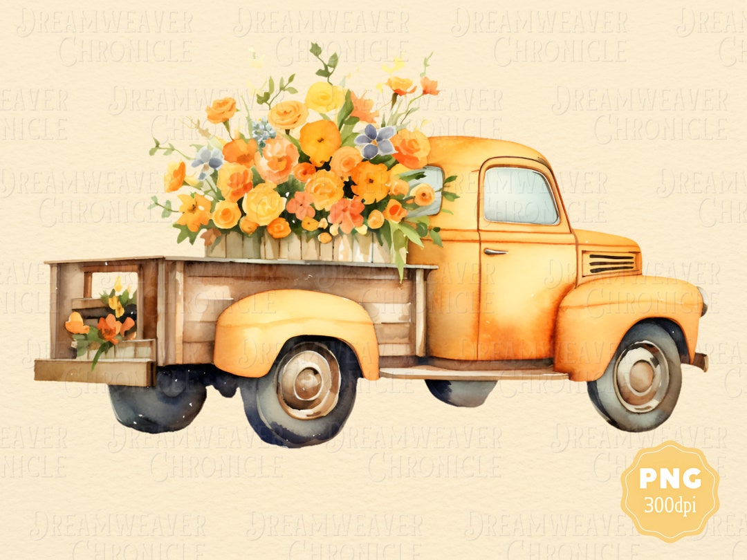 Vintage Flower Truck PNG Retro Yellow Truck Clipart Spring - Etsy