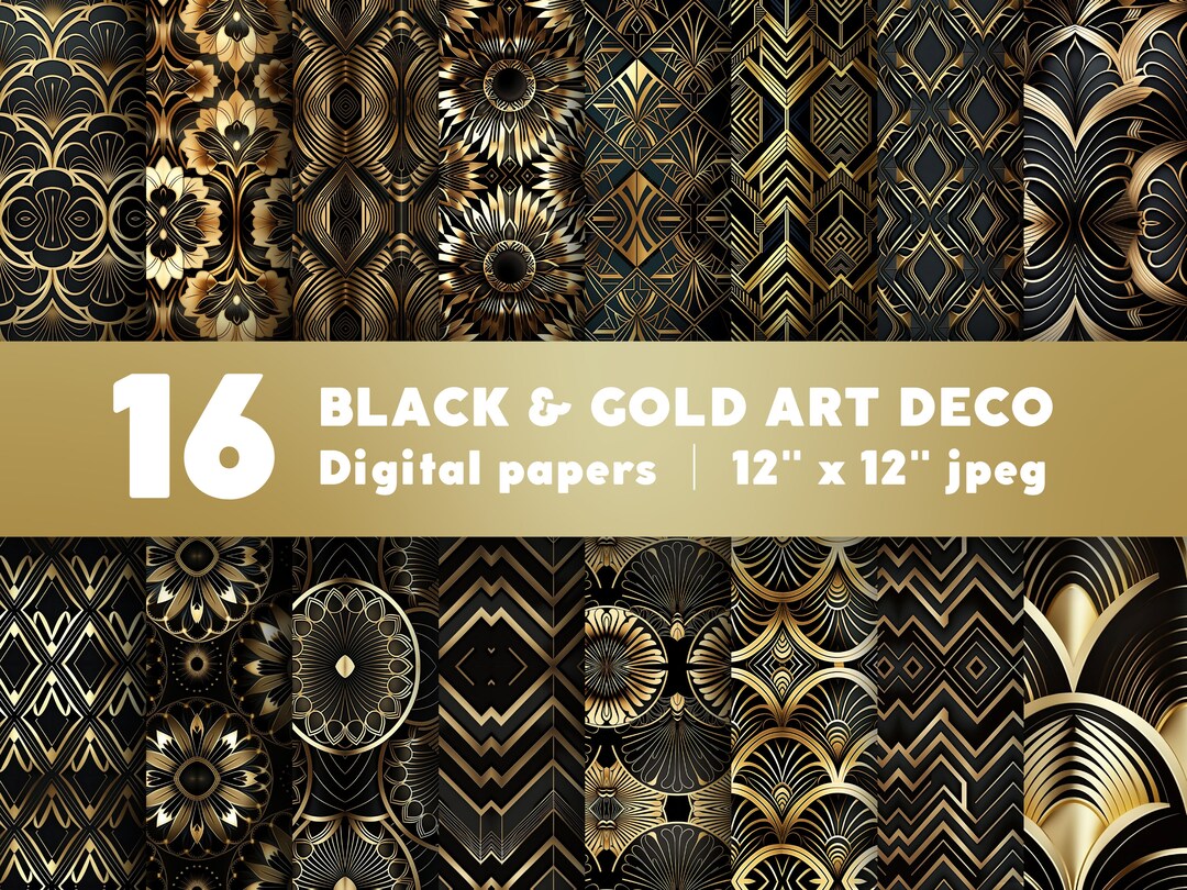 Art Deco Gold Foil Digital Paper Pack, Retro Black and Gold Art Deco ...