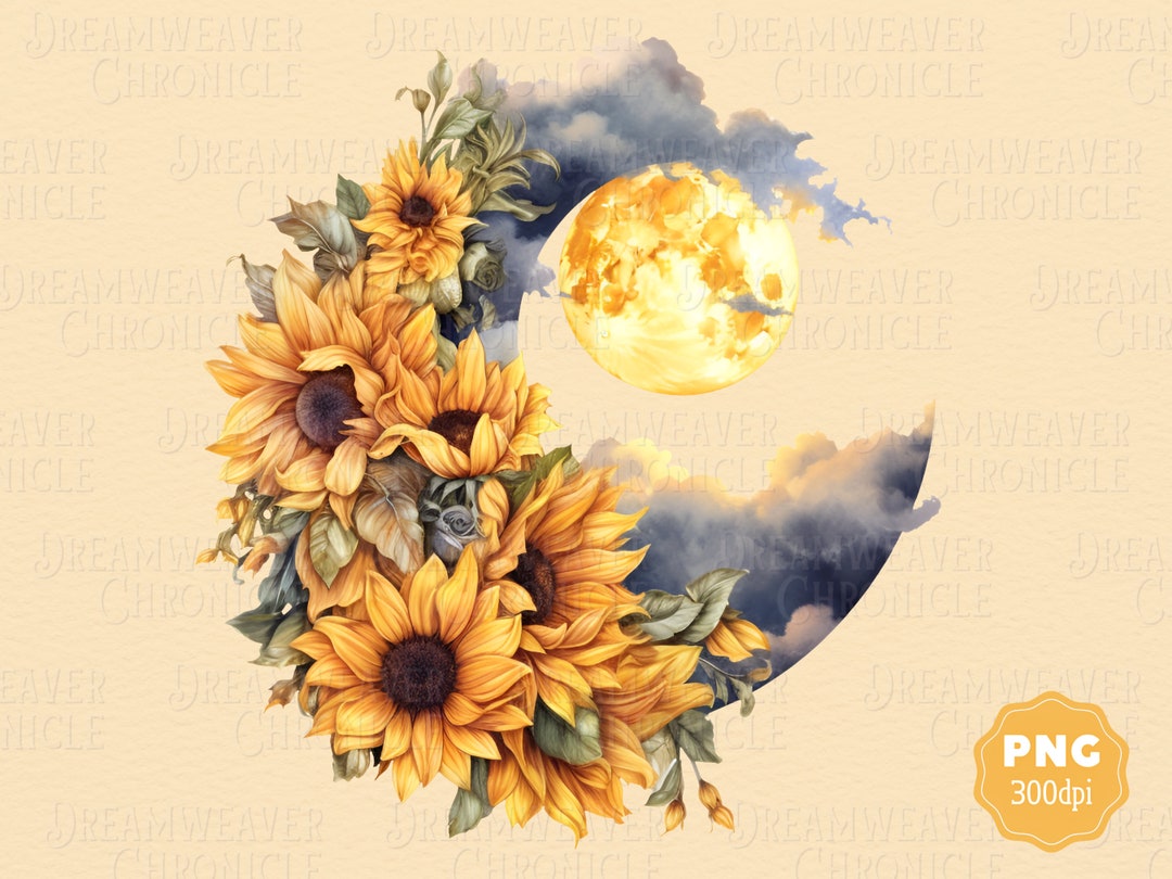 Sunflower Moon PNG, Floral Moon Clipart, Boho Crescent Moon Watercolor ...