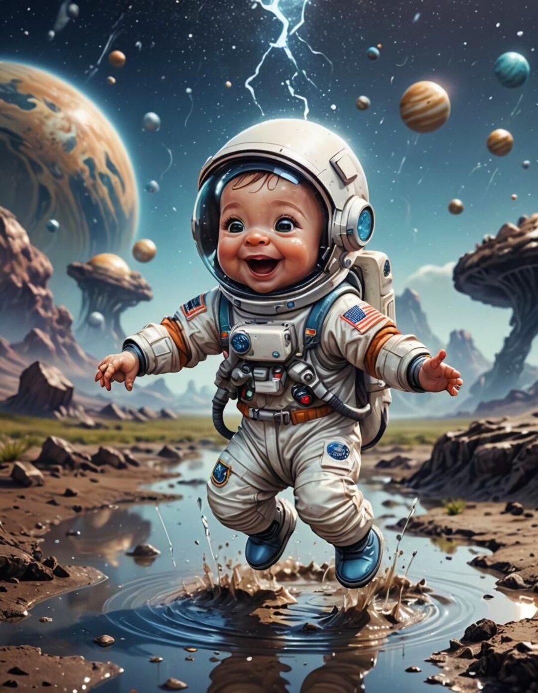 Cute Astronaut Baby Jumping in a Puddle on a Distant Planet and Having ...