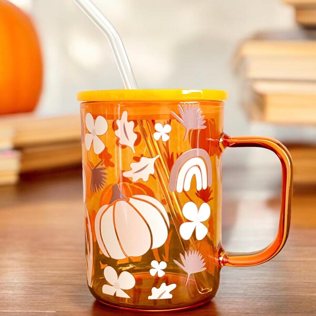 Cute Fall Iced Coffee Glass Cup, Pumpkin Iced Coffee Cup, Fall Glass ...