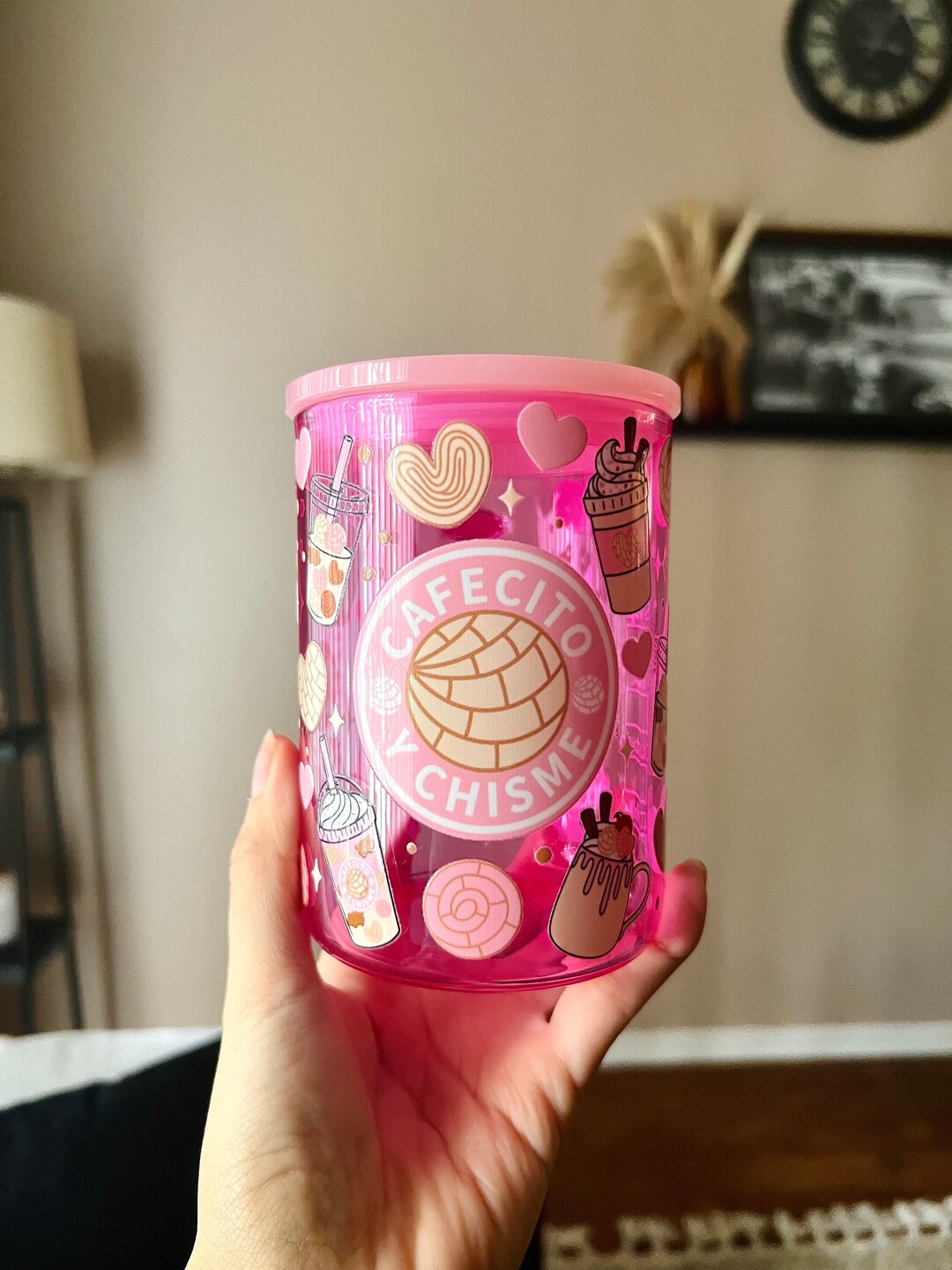 Pink Cafecito Y Chisme Frosted Cup Cafecito And Chisme Glass Can Glass