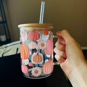 Cute Winter Glass Cup, Fall Iced Coffee Cup, Fall Coffee Cup, Glass Cup ...