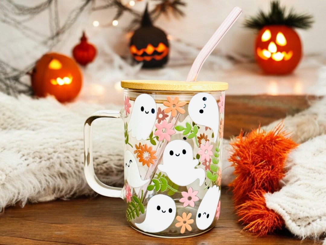Cute Fall Ghost Glass Cup, Iced Coffee Cup, Fall Coffee Cup, Glass Cup ...