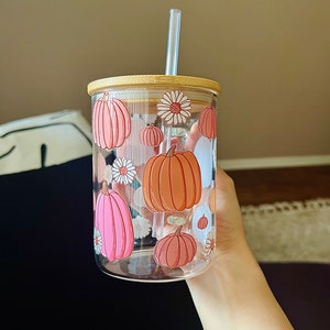 Cute Winter Glass Cup, Fall Iced Coffee Cup, Fall Coffee Cup, Glass Cup ...