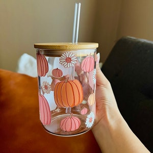 Cute Winter Glass Cup, Fall Iced Coffee Cup, Fall Coffee Cup, Glass Cup ...