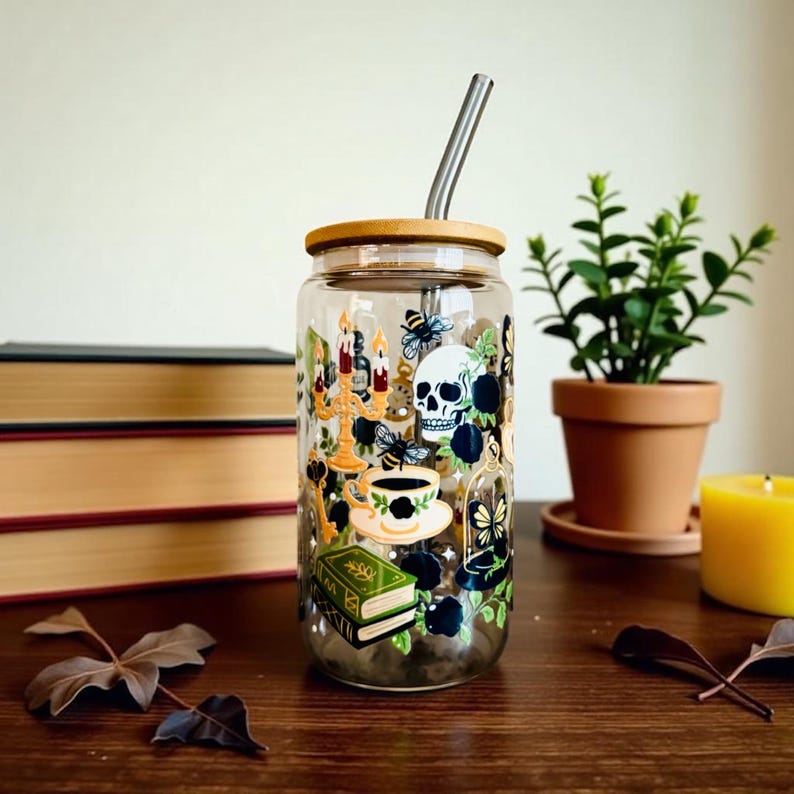 Cute Skull Dark Academia Glass Cup, Book Lover Glass Can, Gift Idea for ...