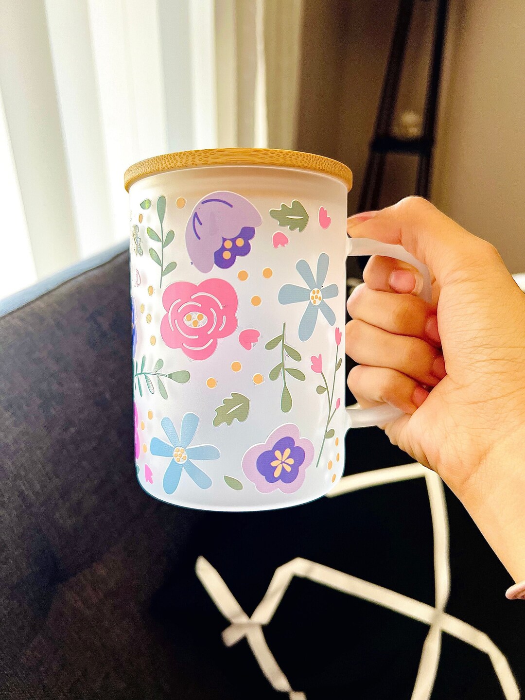 Flower Glass Cup, Flower Frosted Cup, Iced Coffee Cup, Frosted Coffee ...