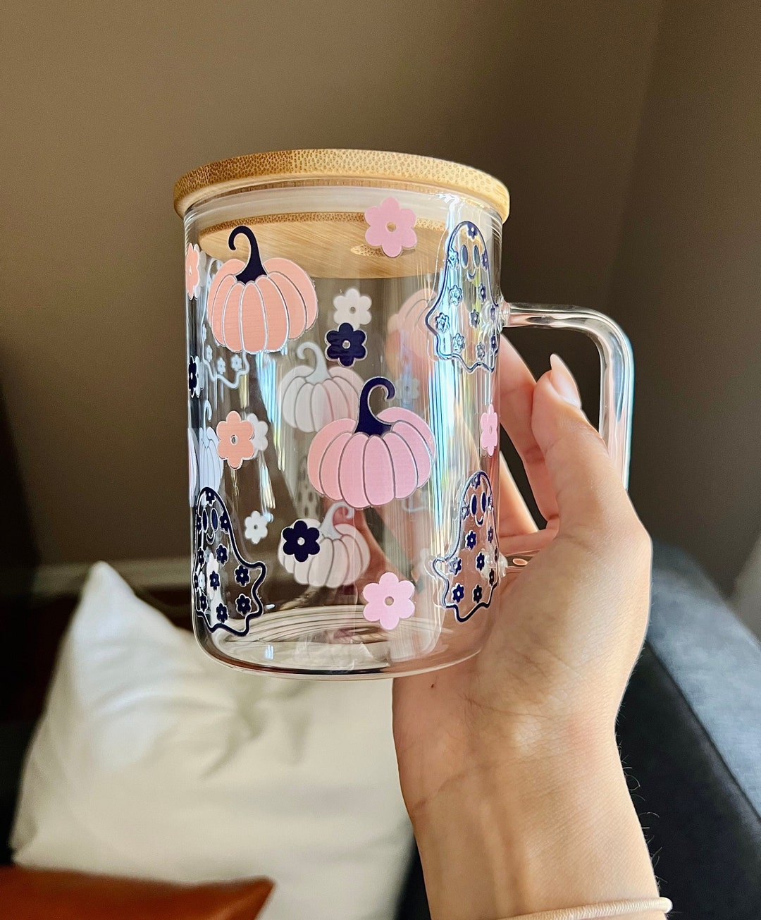 Cute Fall Ghost Glass Cup, Iced Coffee Cup, Fall Coffee Cup, Glass Cup ...