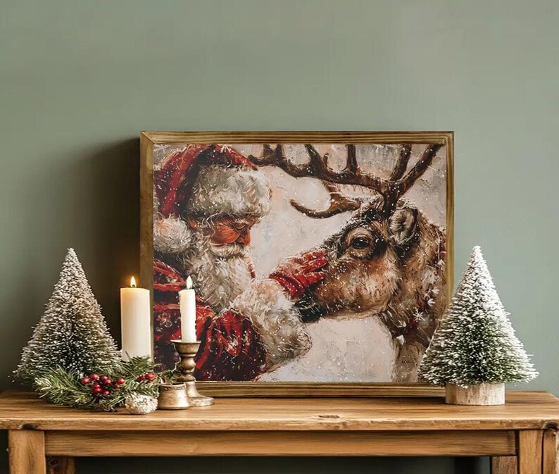 Santa Claus and Reindeer Art Print Poster, Vintage Christmas ...