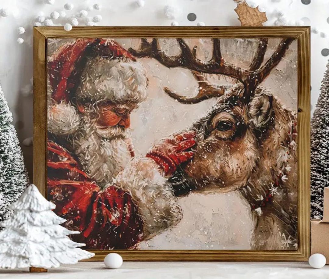 Santa Claus and Reindeer Art Print Poster, Vintage Christmas ...