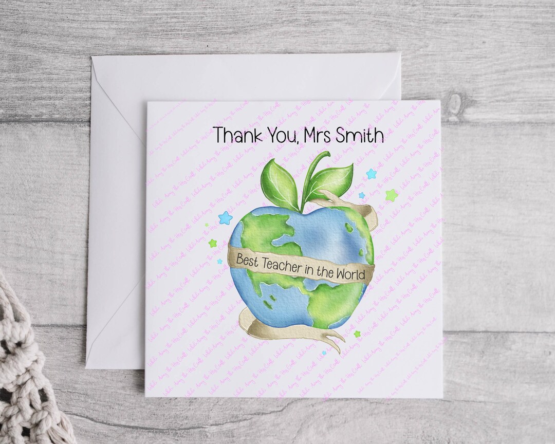 Personalised Teacher World Apple Design Printed on a 6" X 6" 300gsm ...