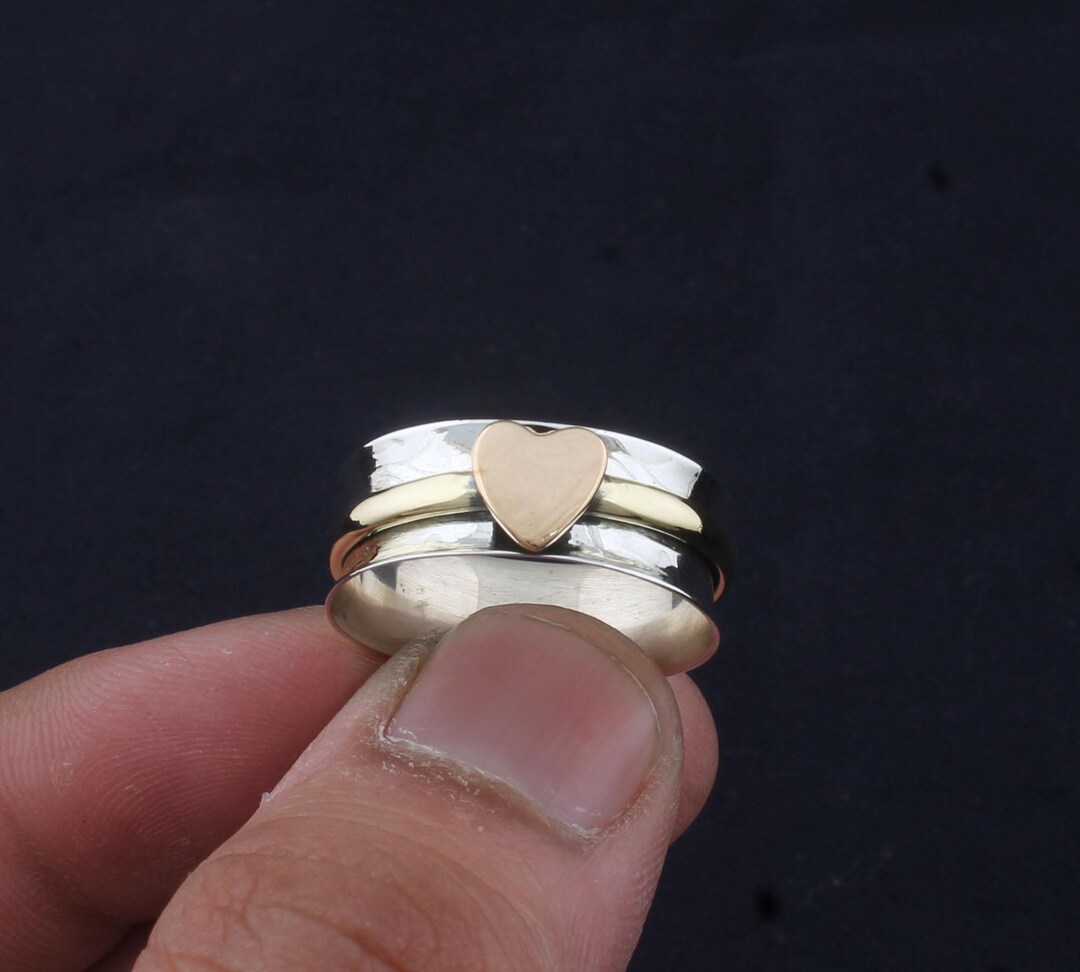 Heart Spinner Ring: Sterling Silver & Brass Worry Ring - Etsy