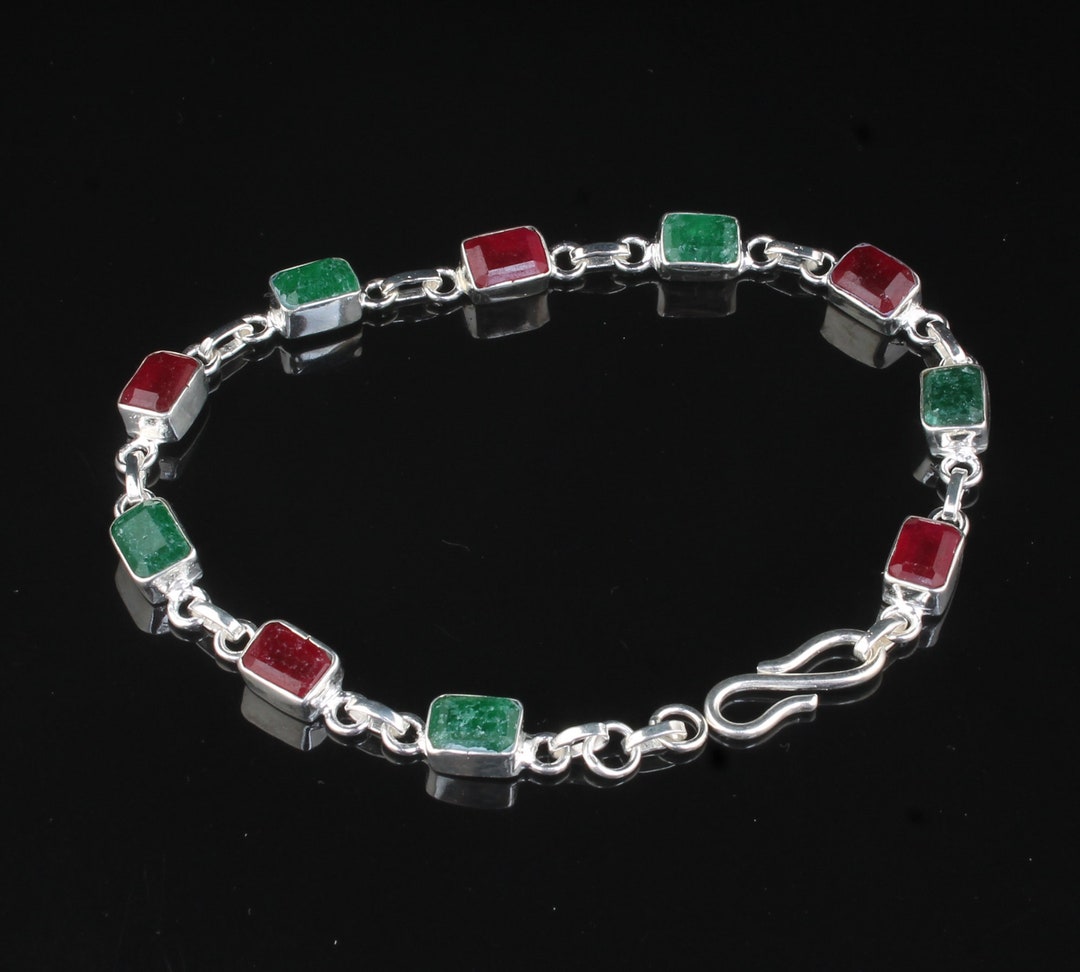 Emerald Cut Jade & Ruby Gemstone Sterling Silver Bracelet - Etsy