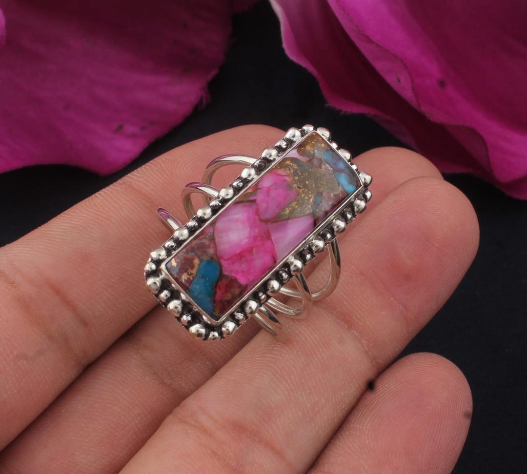 Pink Spiny Turquoise Sterling Silver Ring: Handmade Rectangle Bar - Etsy