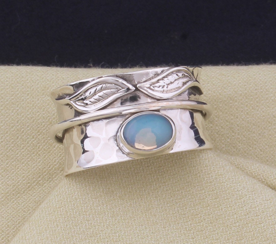 Opal Gemstone Spinner Ring: Sterling Silver Leaf Band, Boho Fidget ...