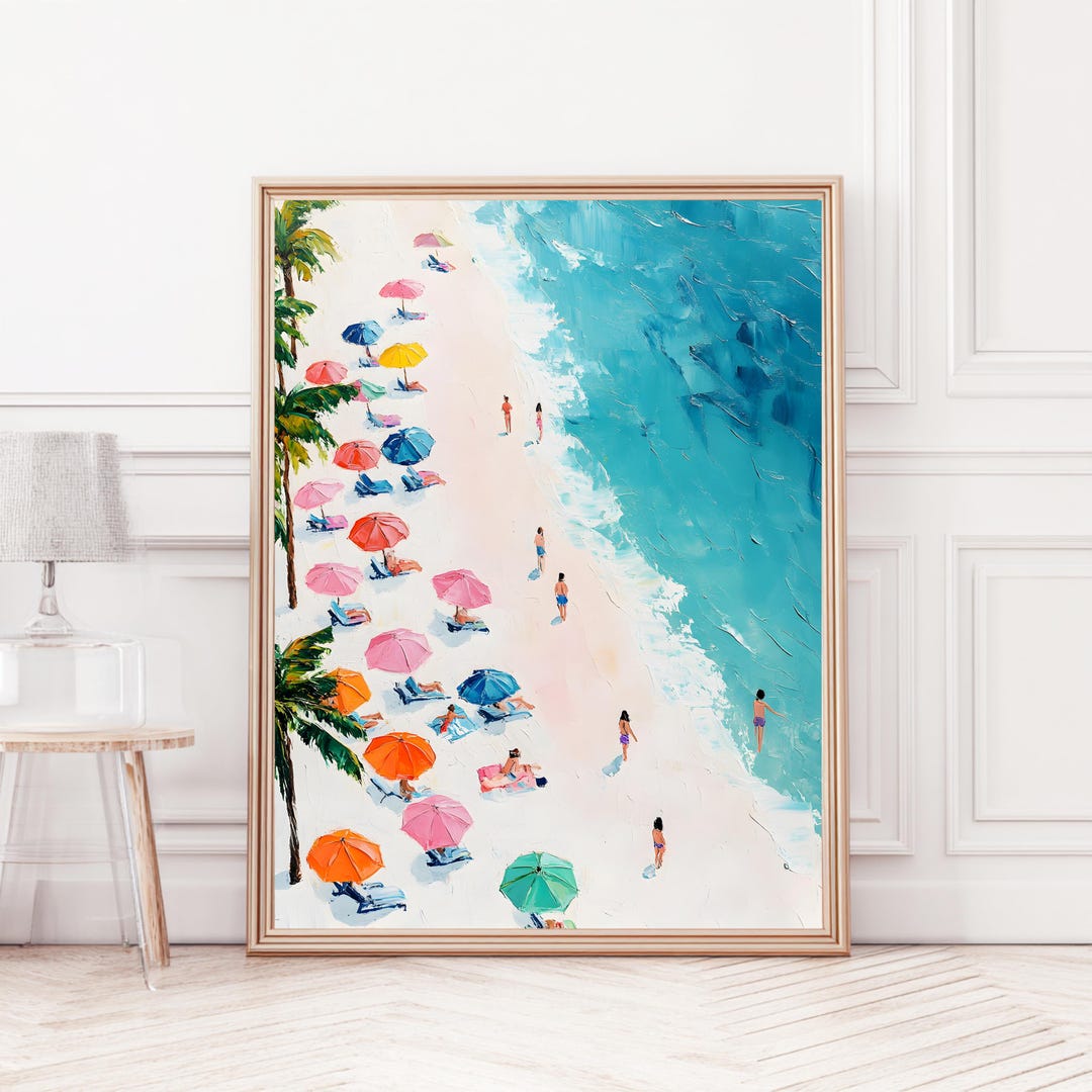 Summer Beach Poster – Colorful Art Print With Parasols and Turquoise ...