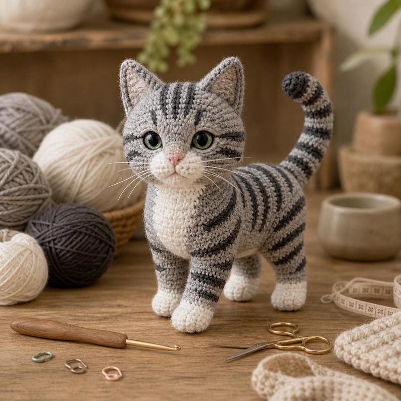 Gray Tabby Cat Crochet Pattern PDF, Standing Kitty Amigurumi Plush ...