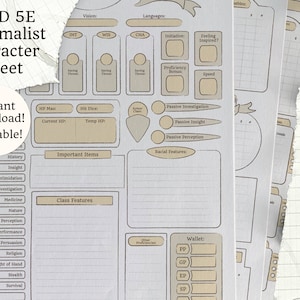 Printable 5E Character Sheet | Minimalist Neutral | 5 Page PDF | D&D - Etsy